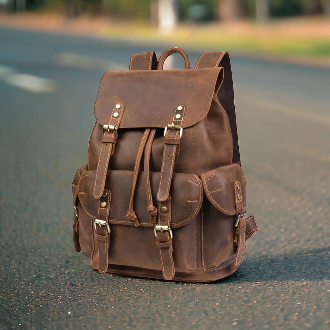 Monogrammed Cowhide Leather Backpack Rustic Brown Leather Laptop Bag ...
