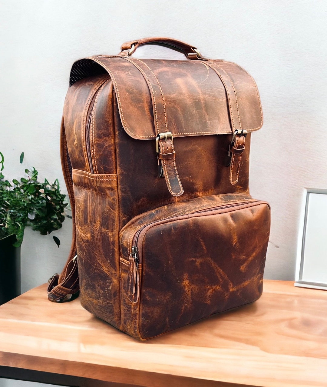 Rustic Brown Cowhide Leather Backpack for Men Leather Rucksack Hiking ...