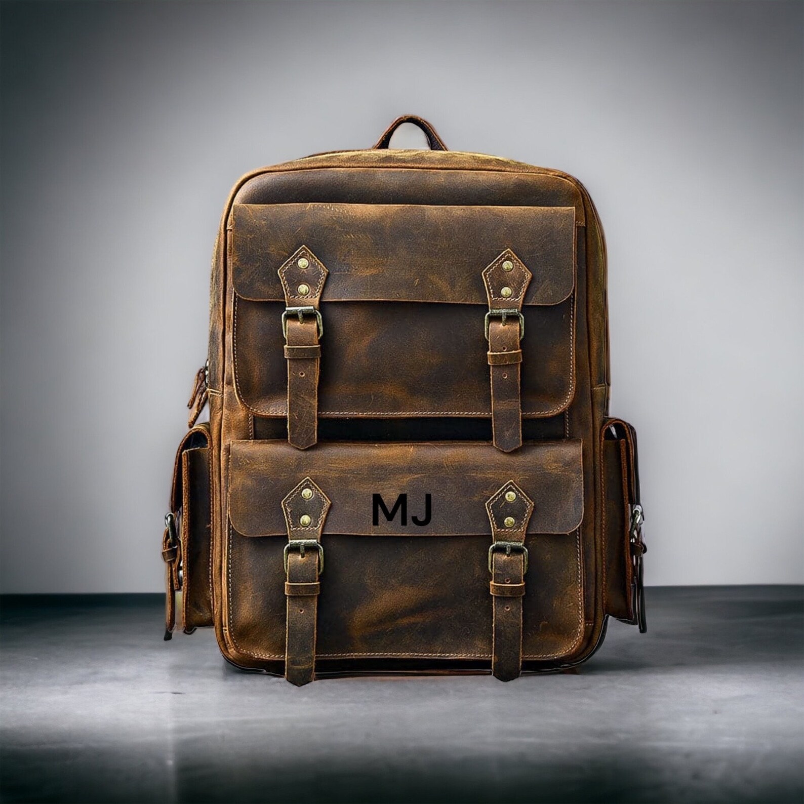 Rustic Brown Cowhide Backpack Monogrammed Leather Rucksack Hipster ...