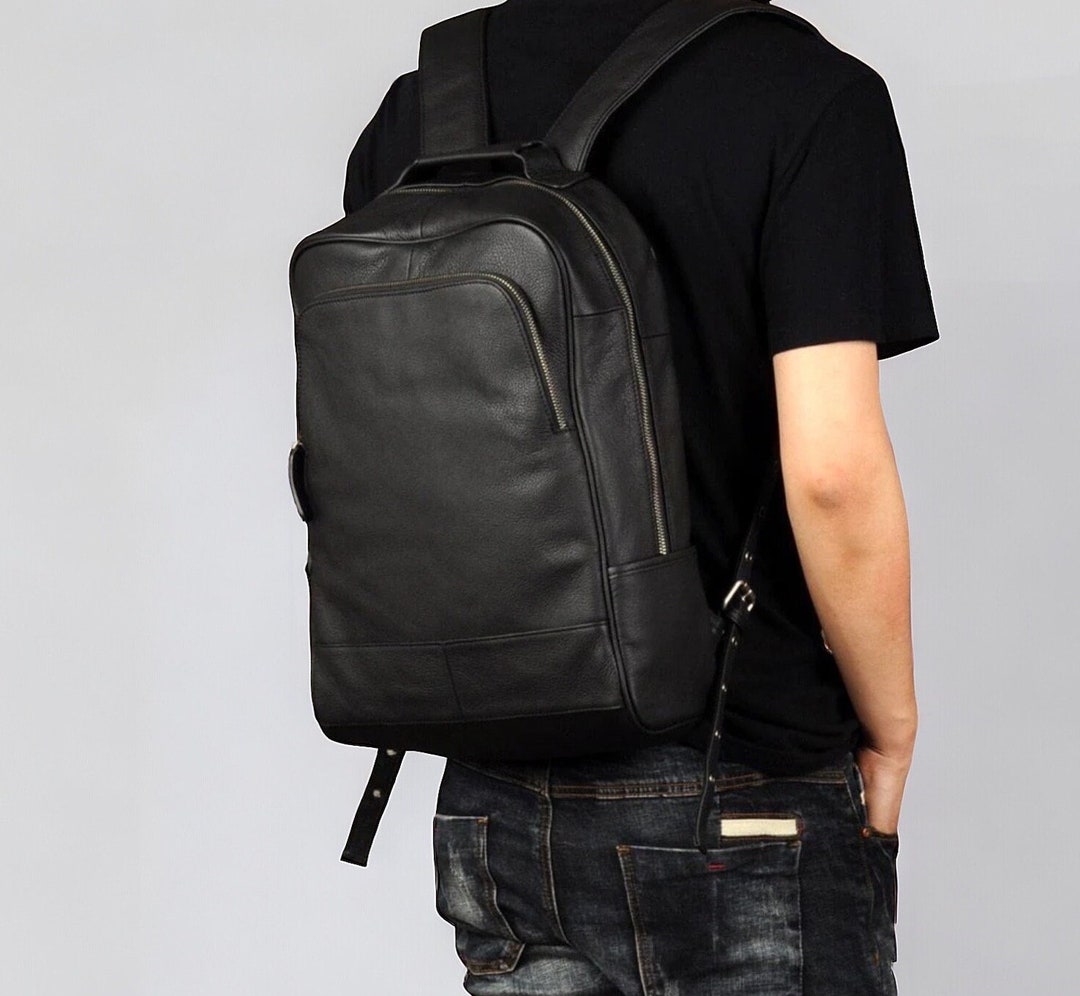 Vintage Black Leather Backpack Leather Laptop Backpack Travel Backpack ...