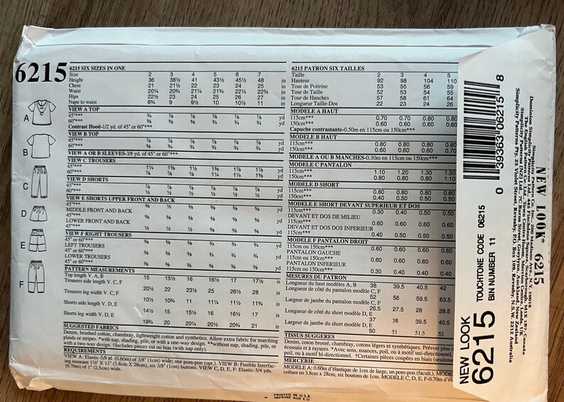 NEW LOOK 6215 Sewing Pattern - for Kids - Sizes 2 - 7 - Top, Trousers ...