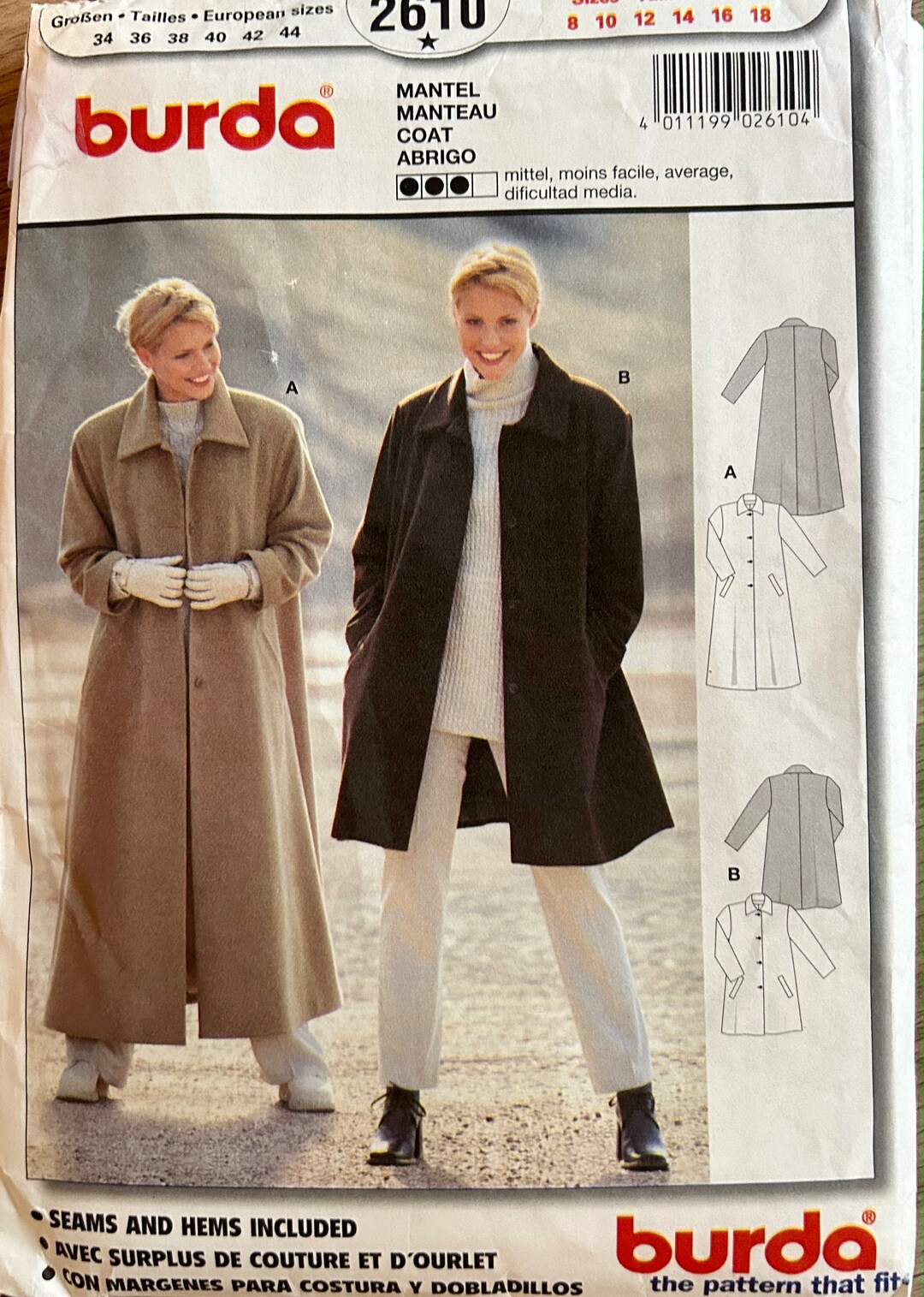 BURDA SEWING PATTERN 2610 Loose Fitting Coat in 2 Lengths Sizes 8, 10 ...