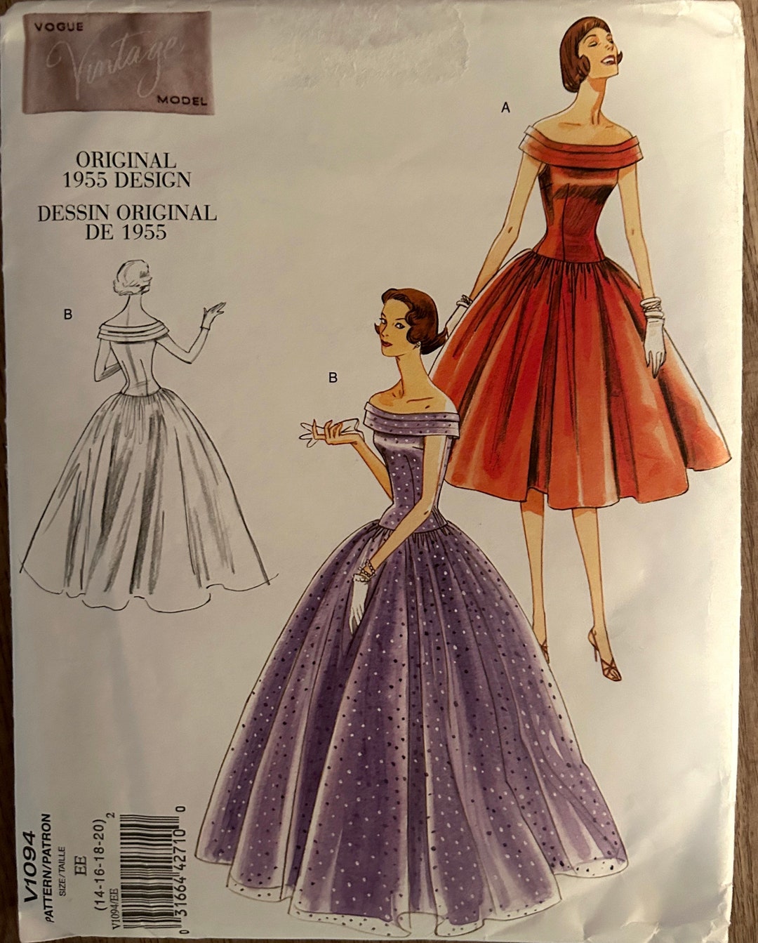 VOGUE VINTAGE MODEL Sewing Pattern V1094 Size 14,16,18,20 Original 1955 ...