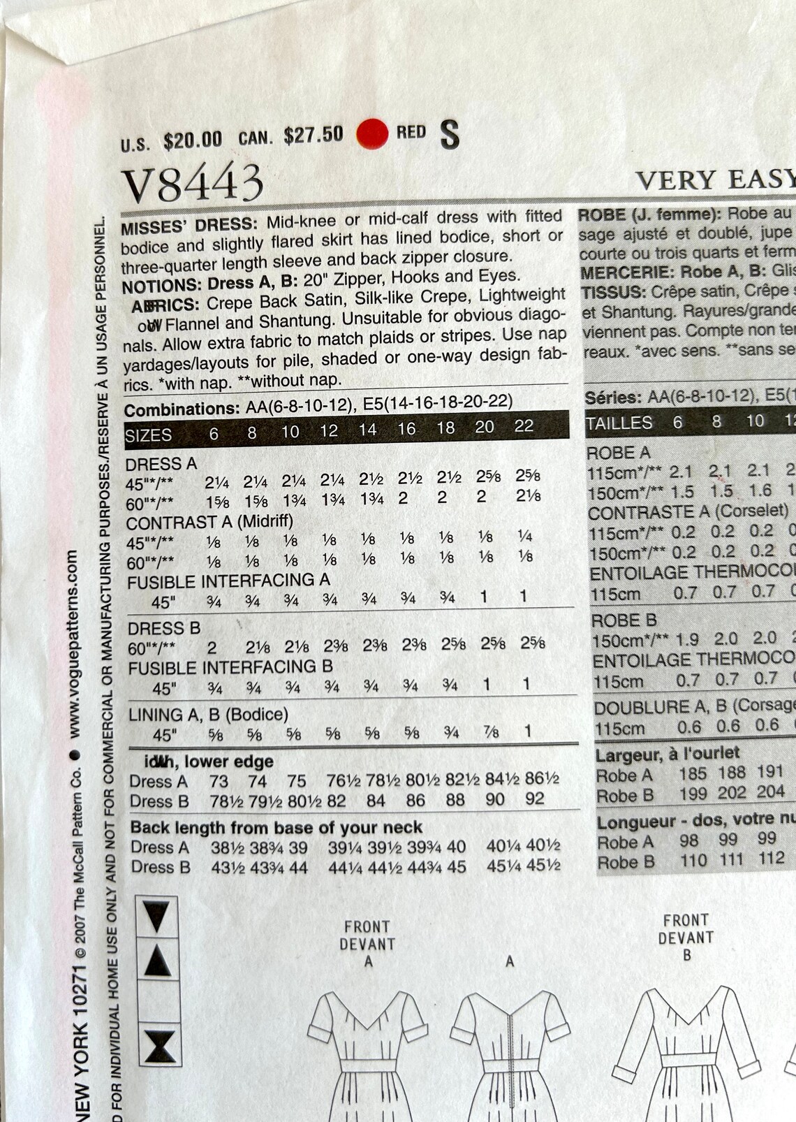 VERY EASY VOGUE Sewing Pattern 8443 Misses' Dress Size 6-8-10-12 - Etsy