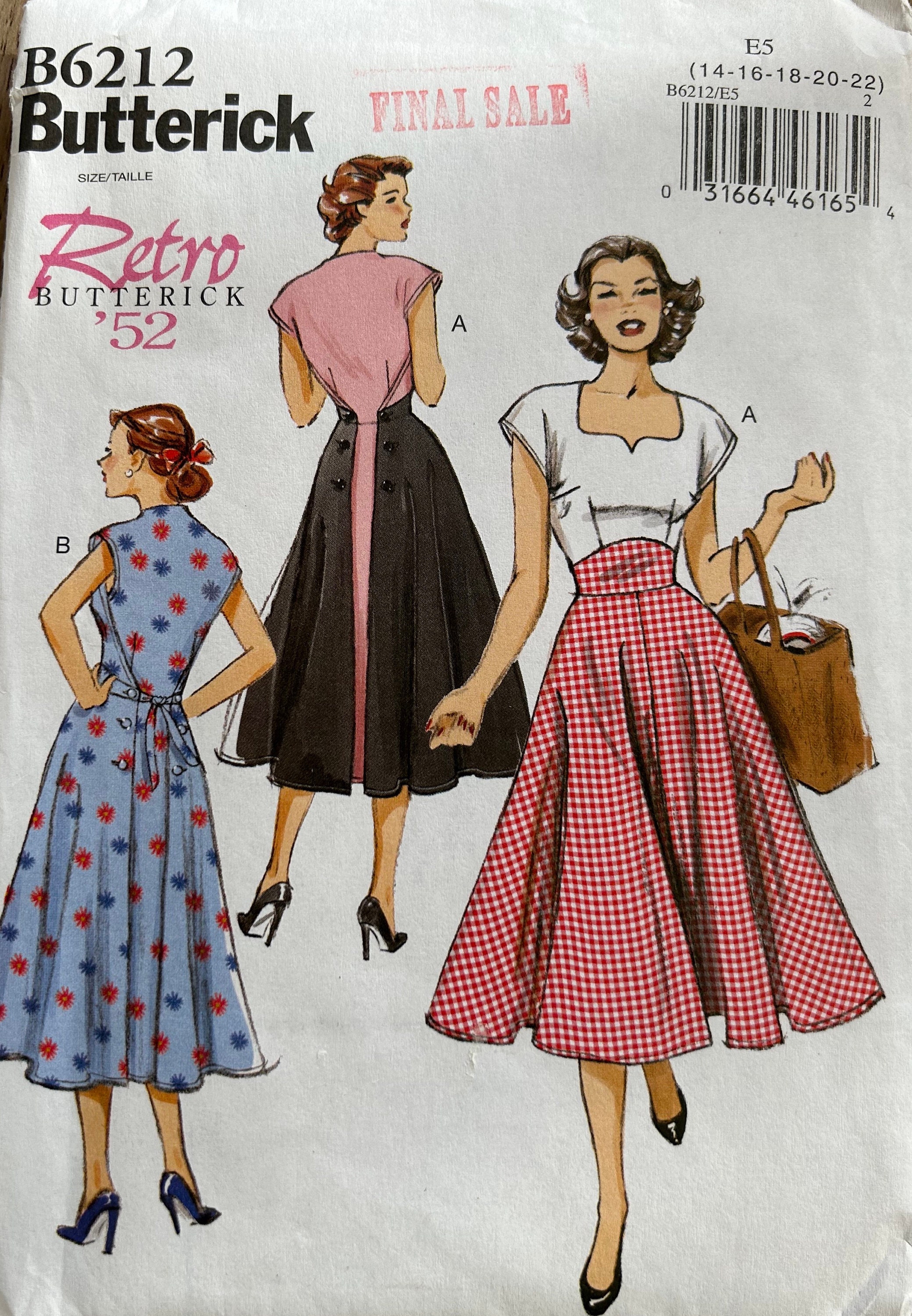 RETRO BUTTERICK '52 SEWING Pattern 6212 - 2 Dress Styles - Size 14, 16 ...