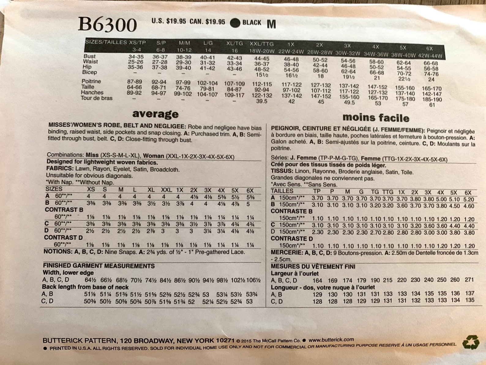 Butterick Sewing Pattern B6300 Misses/womens Robe, Belt, Negligee Plus ...