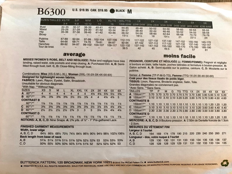 Butterick Sewing Pattern B6300 Misses/womens Robe, Belt, Negligee Plus Sizes Size XXL 6X - Etsy