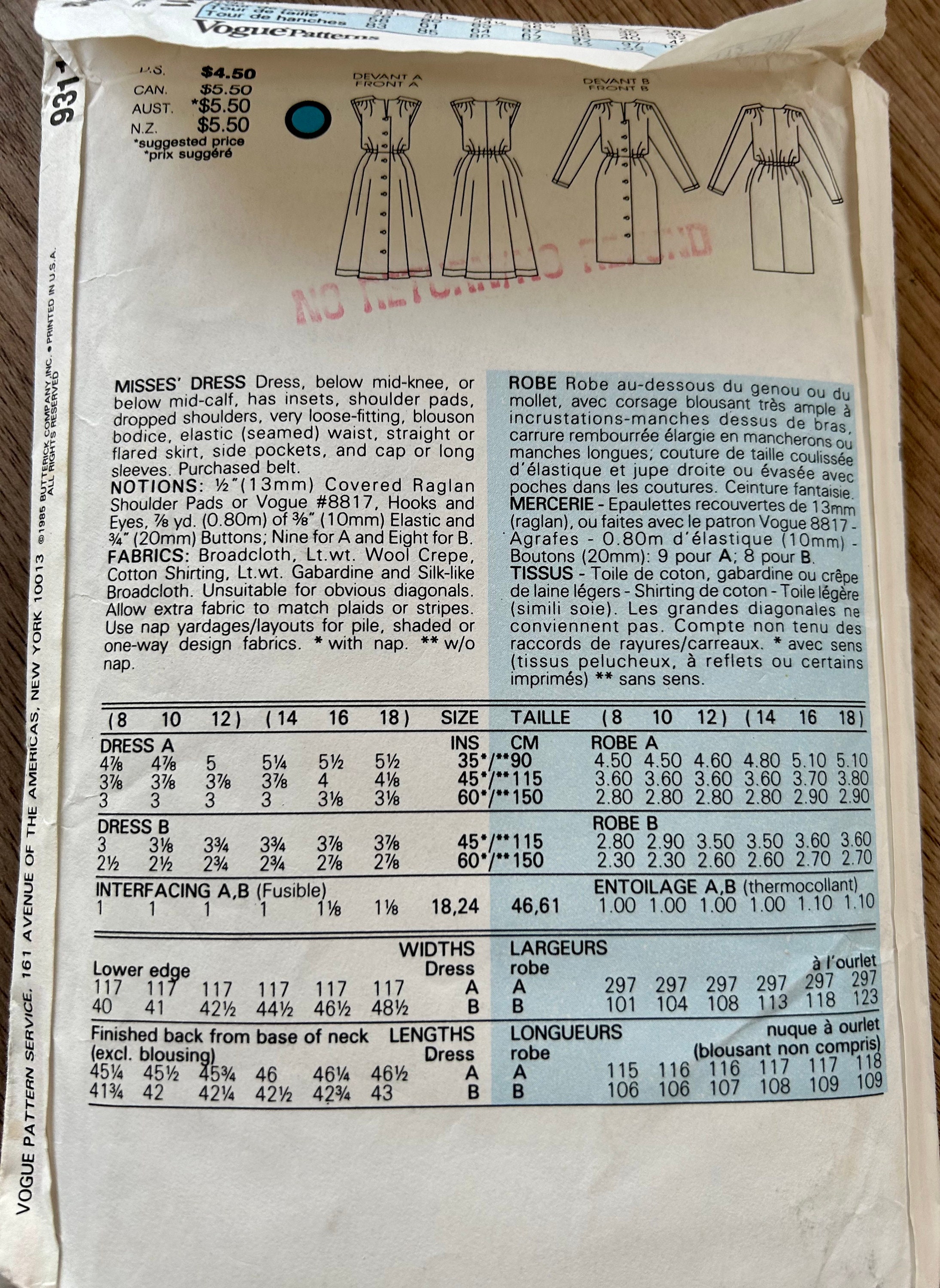 Vintage VERY EASY VOGUE Sewing Pattern 9311 Misses Dress Size 8, 10, 12 ...