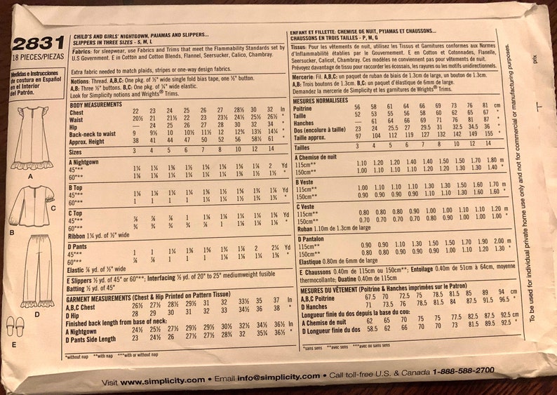 Simplicity Sewing Pattern 2831 - Children's Nightgown, Two Piece Pyjama ...