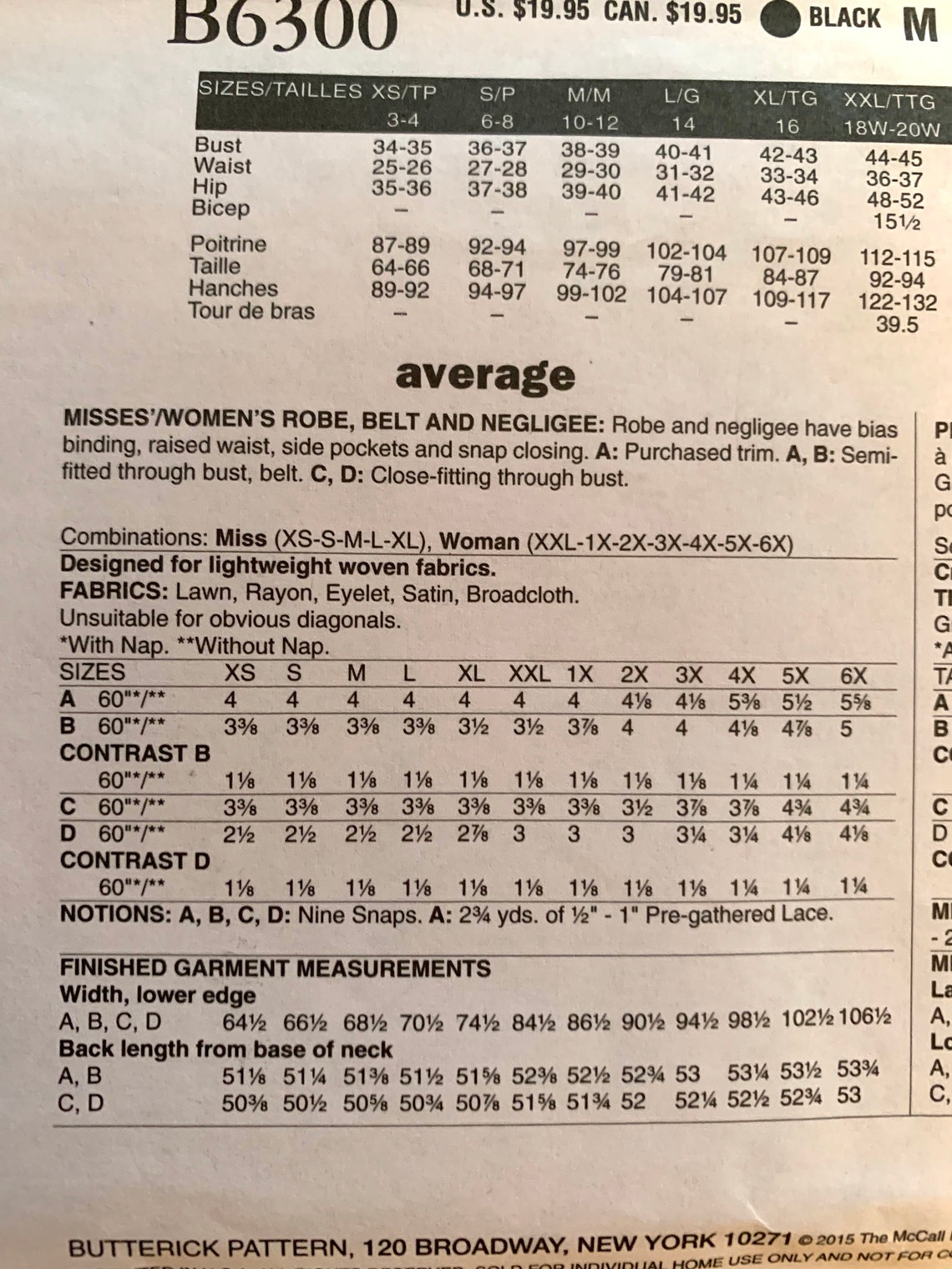 Butterick Sewing Pattern B6300 Misses/womens Robe, Belt, Negligee Plus ...