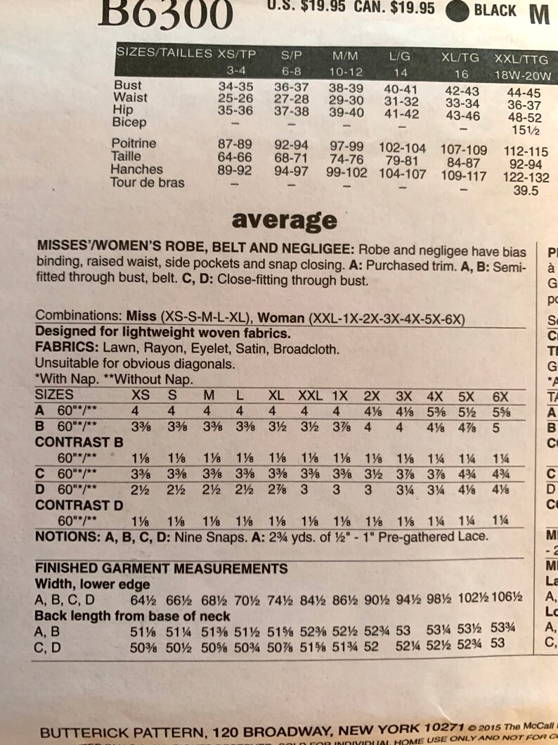 Butterick Sewing Pattern B6300 Misses/womens Robe, Belt, Negligee Plus Sizes Size XXL 6X - Etsy