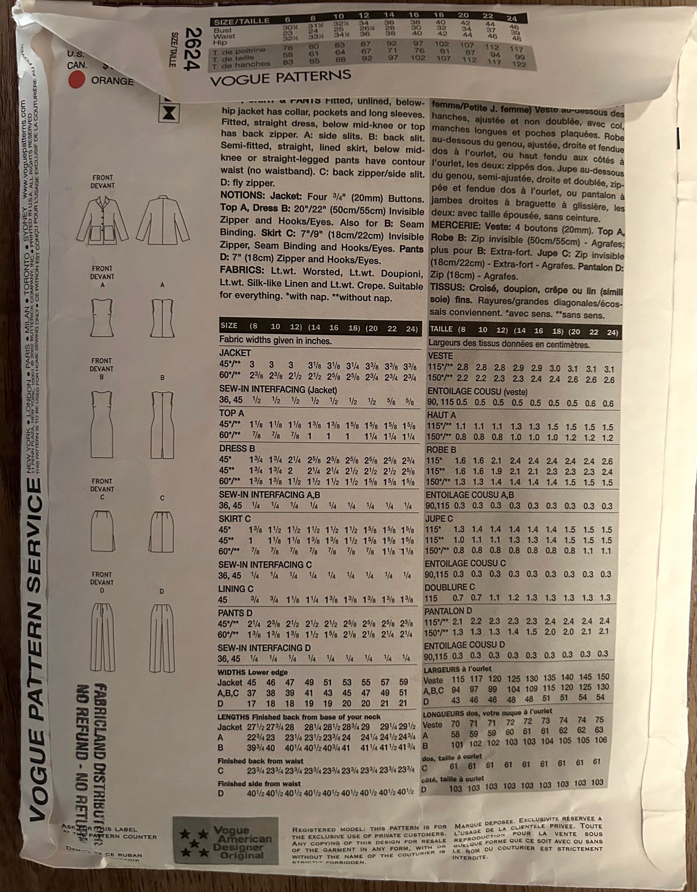 VOGUE WARDROBE TAMOTSU Sewing Pattern 2624 - Misses / Misses Petite ...