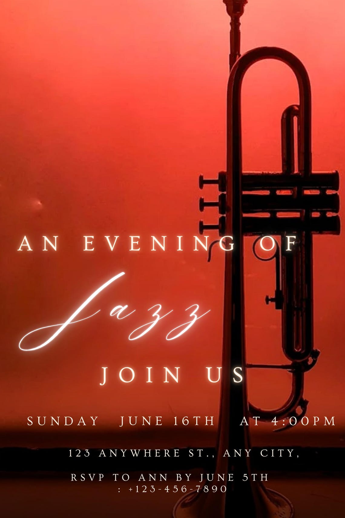 Jazz Music Flyer Template, Jazz Night Invitation, Jazz Evening Invite ...