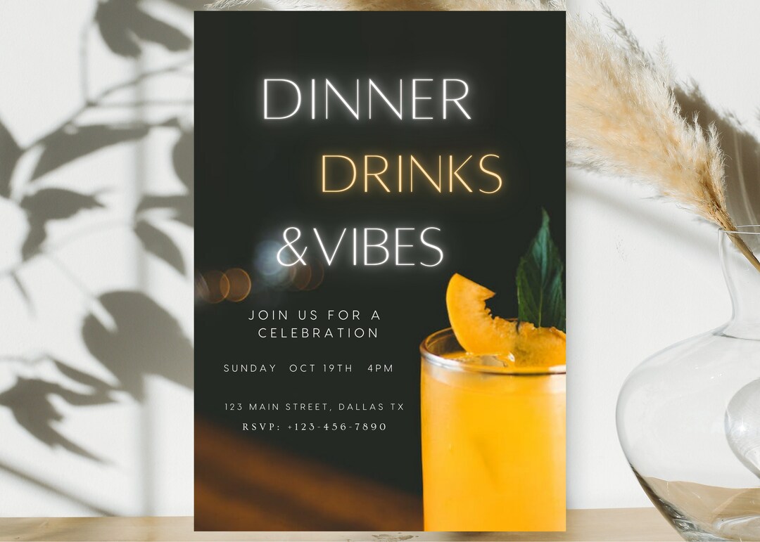 Birthday Dinner Invitation: Drinks & Vibes, Editable Template (digital ...