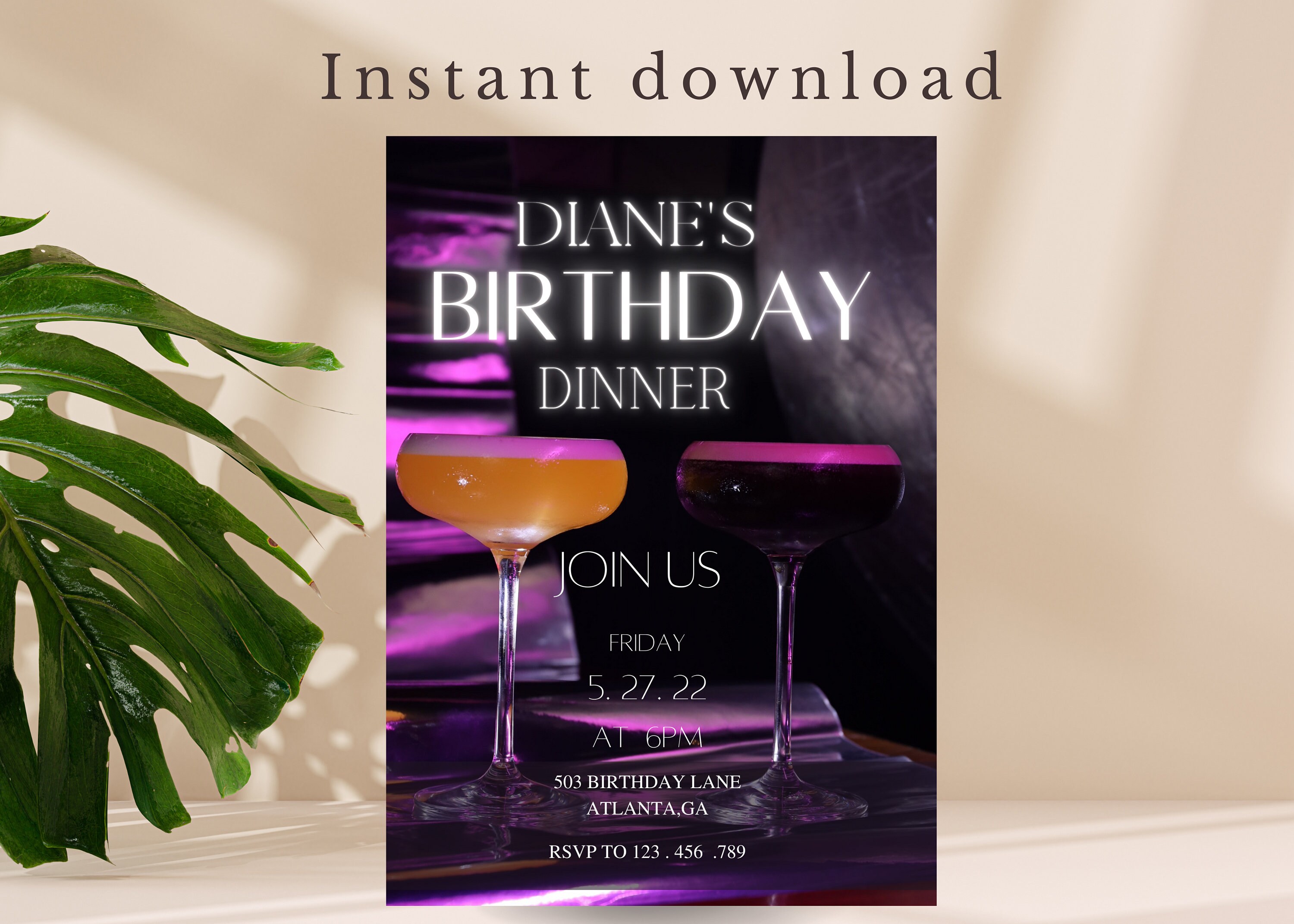 Editable Birthday Dinner Invitation: Cocktail Party Evite (instant ...