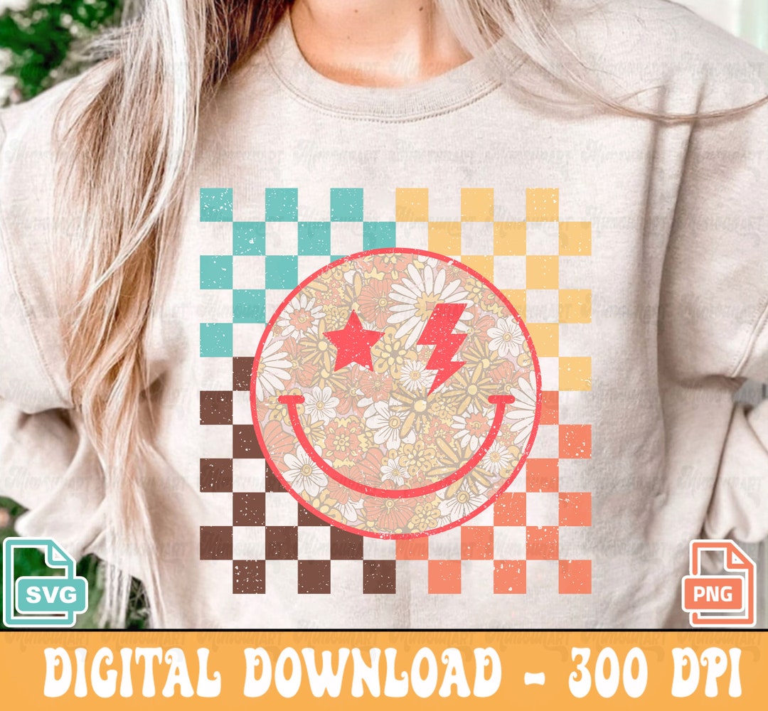 Retro Happy Face Svg, Distressed Happy Face PNG, Happy Daisy Flowers ...