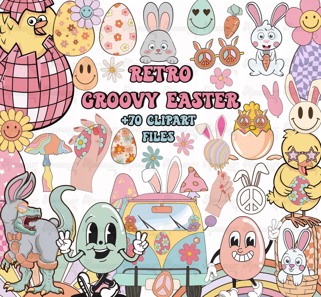 Retro Groovy Easter Clipart Bundle, Retro Easter, Clipart Png Bundle ...