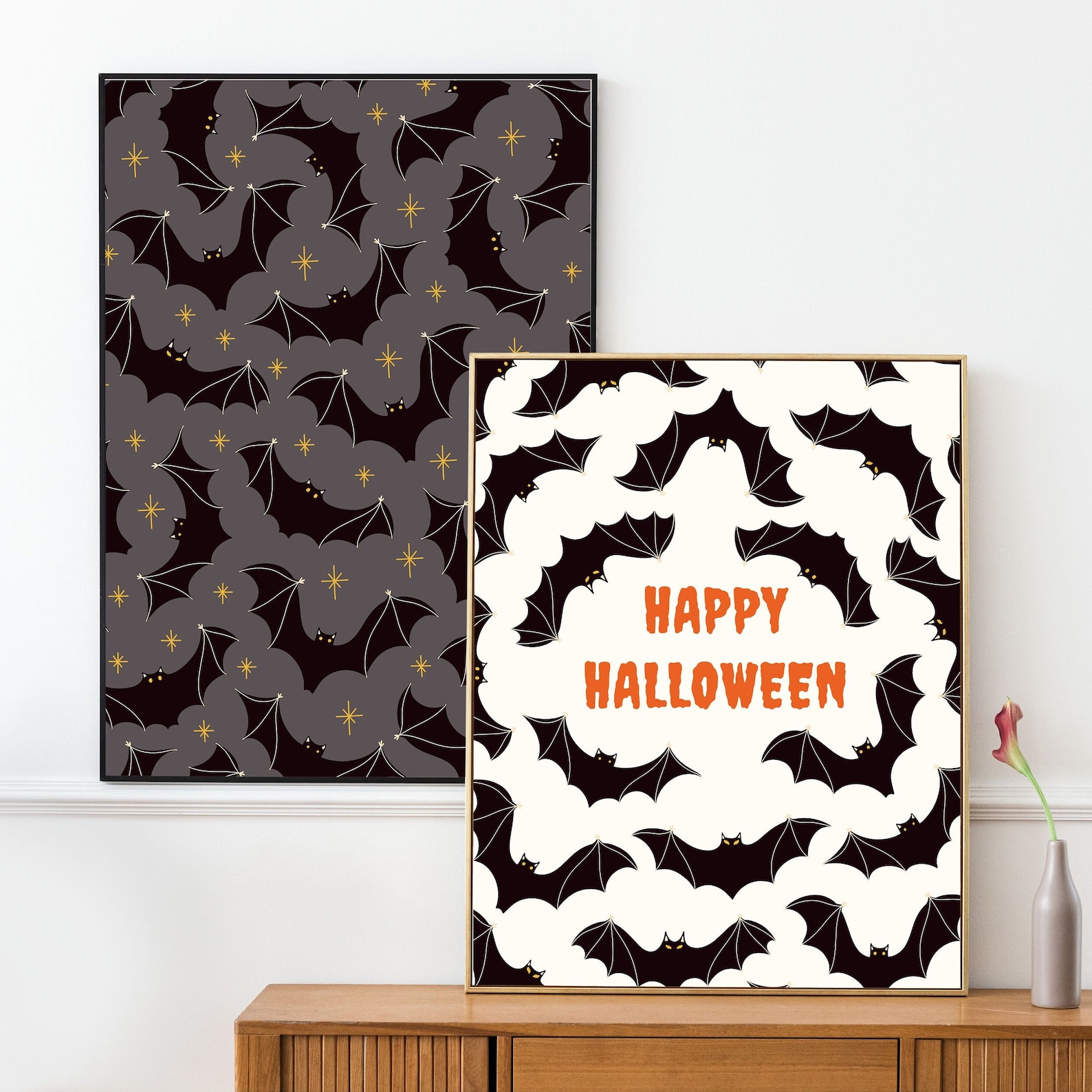 Bats Poster Set of 2 Flying Bats Wall Art Halloween - Etsy