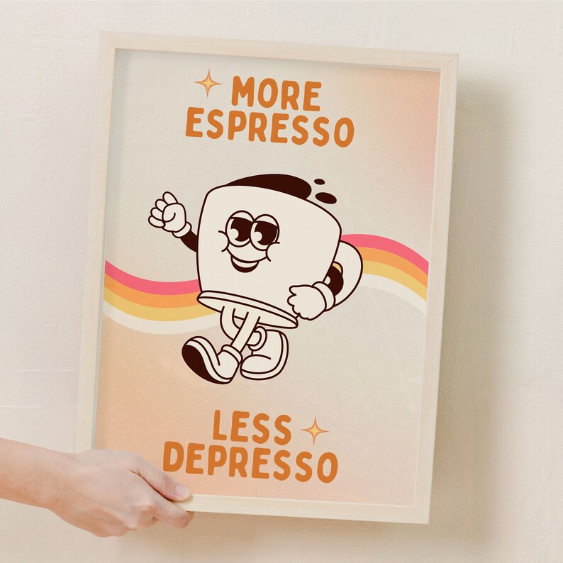 Funky Groovy Minimal Poster, Retro Mascot Print, More Espresso Less ...