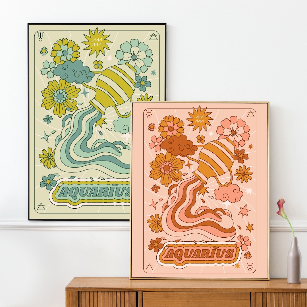Groovy Aquarius Zodiac Poster, Zodiac Aquarius Retro Print, Aquarius Art Print, Retro Aquarius ...