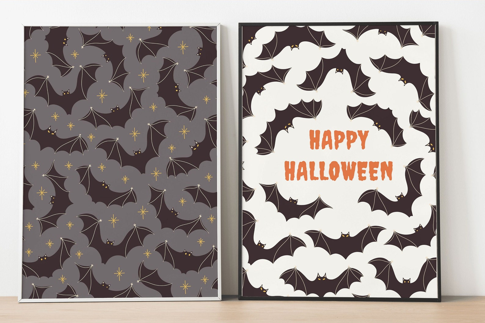 Bats Poster Set of 2 Flying Bats Wall Art Halloween - Etsy