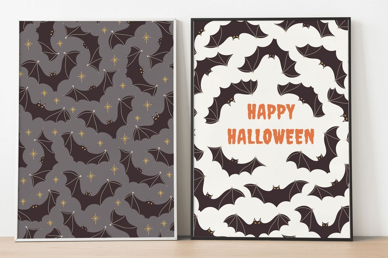 Bats Poster Set of 2 Flying Bats Wall Art Halloween - Etsy