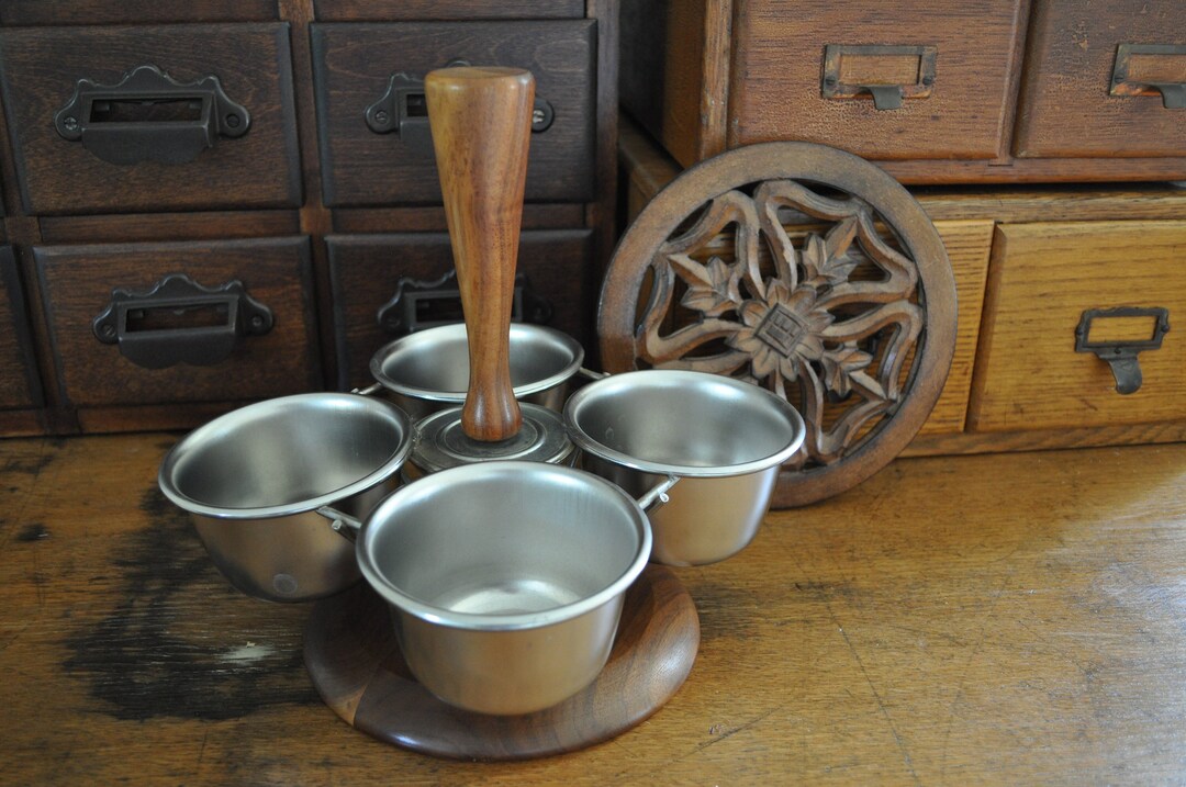 Vintage 4 Bowl Spinning Condiment Caddy Beautiful Wood and Stainless ...