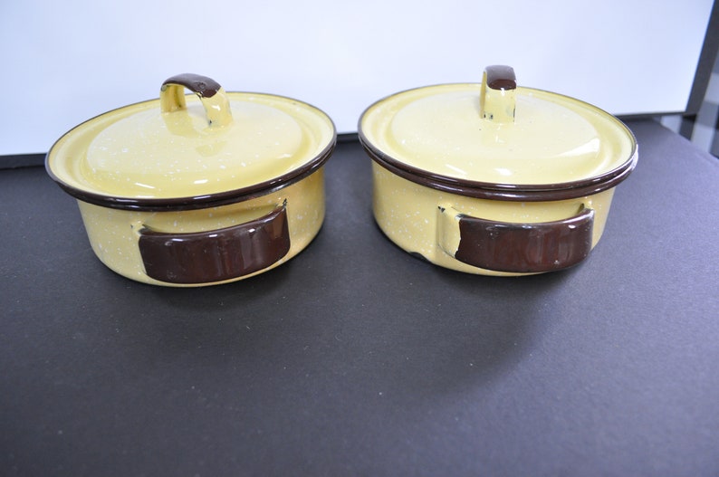 Vintage Enamelware Graniteware Yellow and Brown Individual Casserole ...
