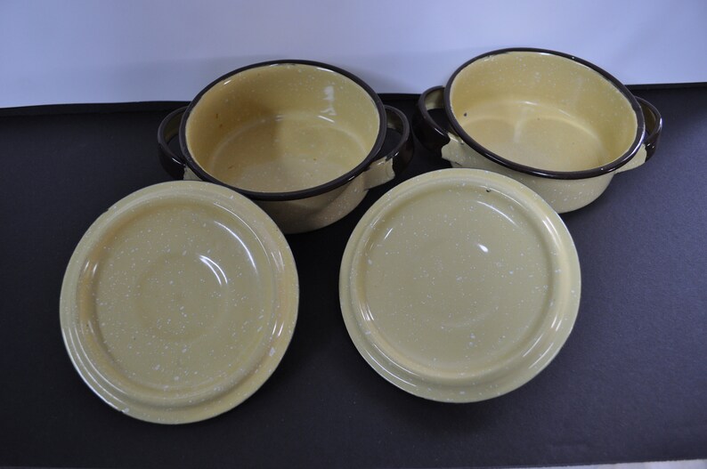 Vintage Enamelware Graniteware Yellow and Brown Individual Casserole ...