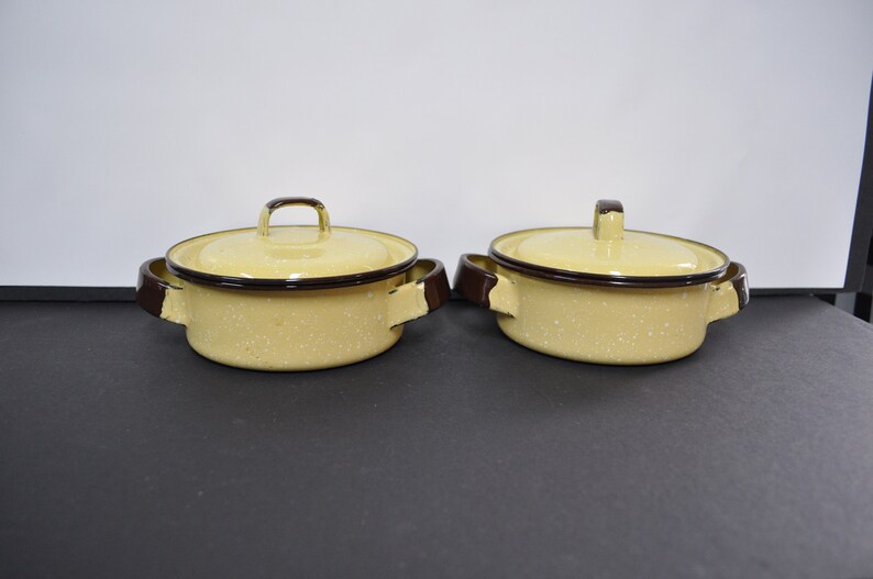 Vintage Enamelware Graniteware Yellow and Brown Individual Casserole ...