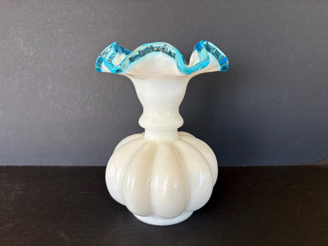 Fenton White Milk Glass Melon Vase With Blue Ruffled Rim in Excellent ...