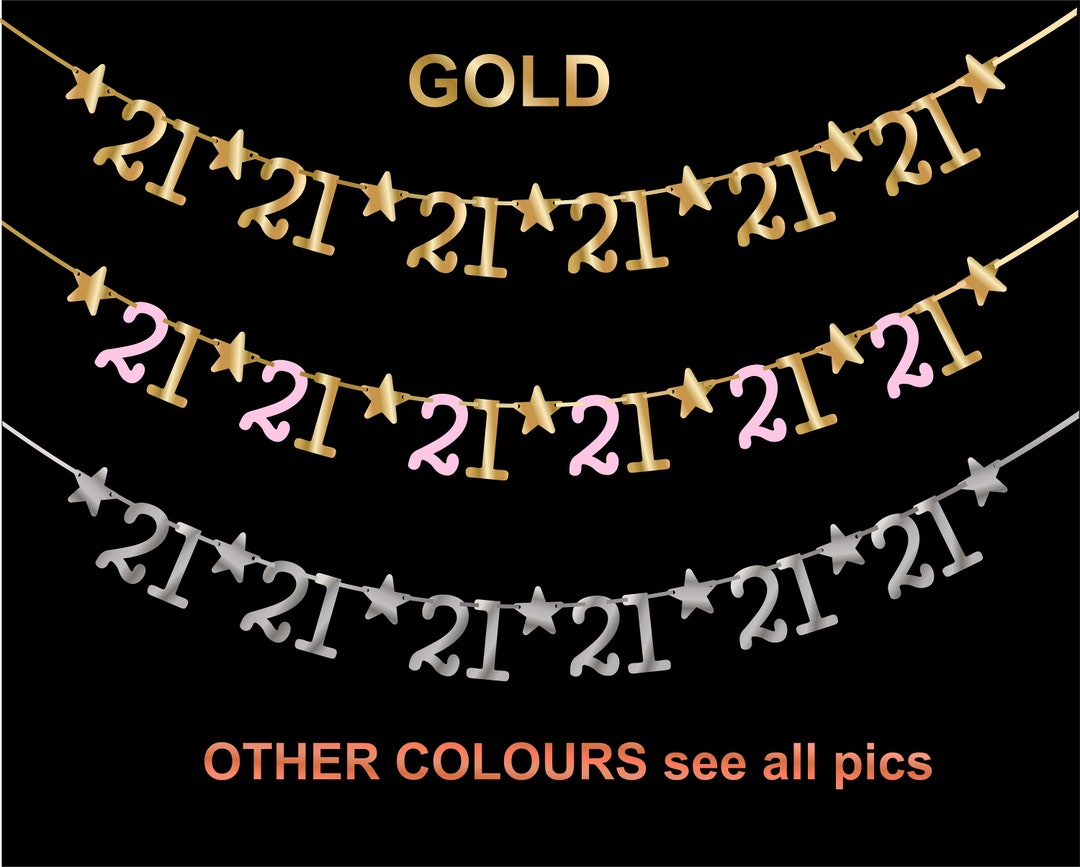 21st Birthday 21 Numbers Garland Party Banner STAR GOLD Pink Black ...