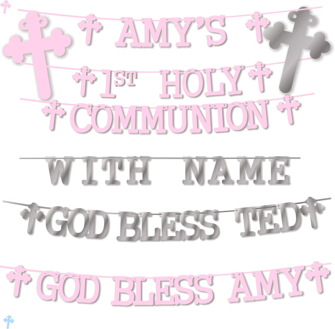 Personalised Holy Communion Banner Girls Bunting Decoration Pink Silver ...