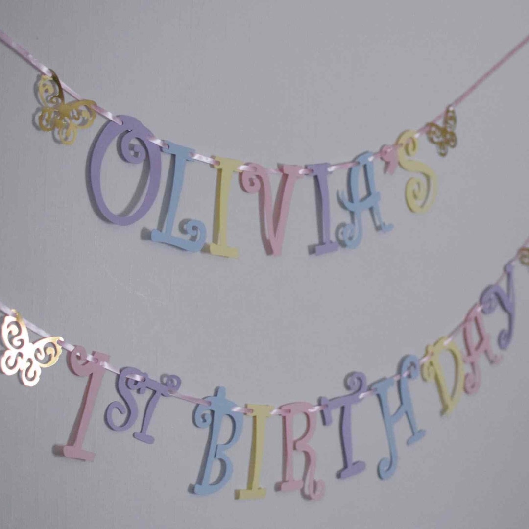 Personalised Pastel BIRTHDAY Banner Pastel Rainbow With Butterflies Any ...