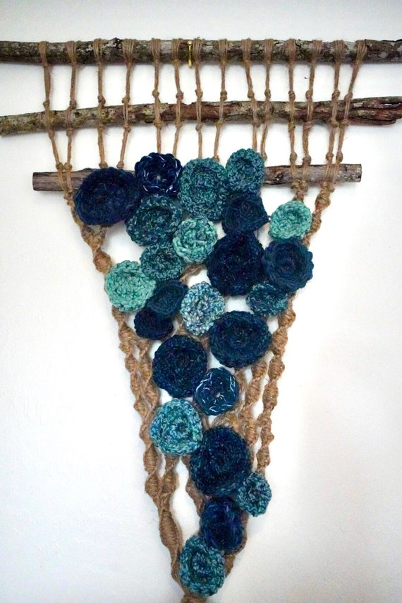 Macrame Blue Woven Natural Floral Wall Art | Etsy