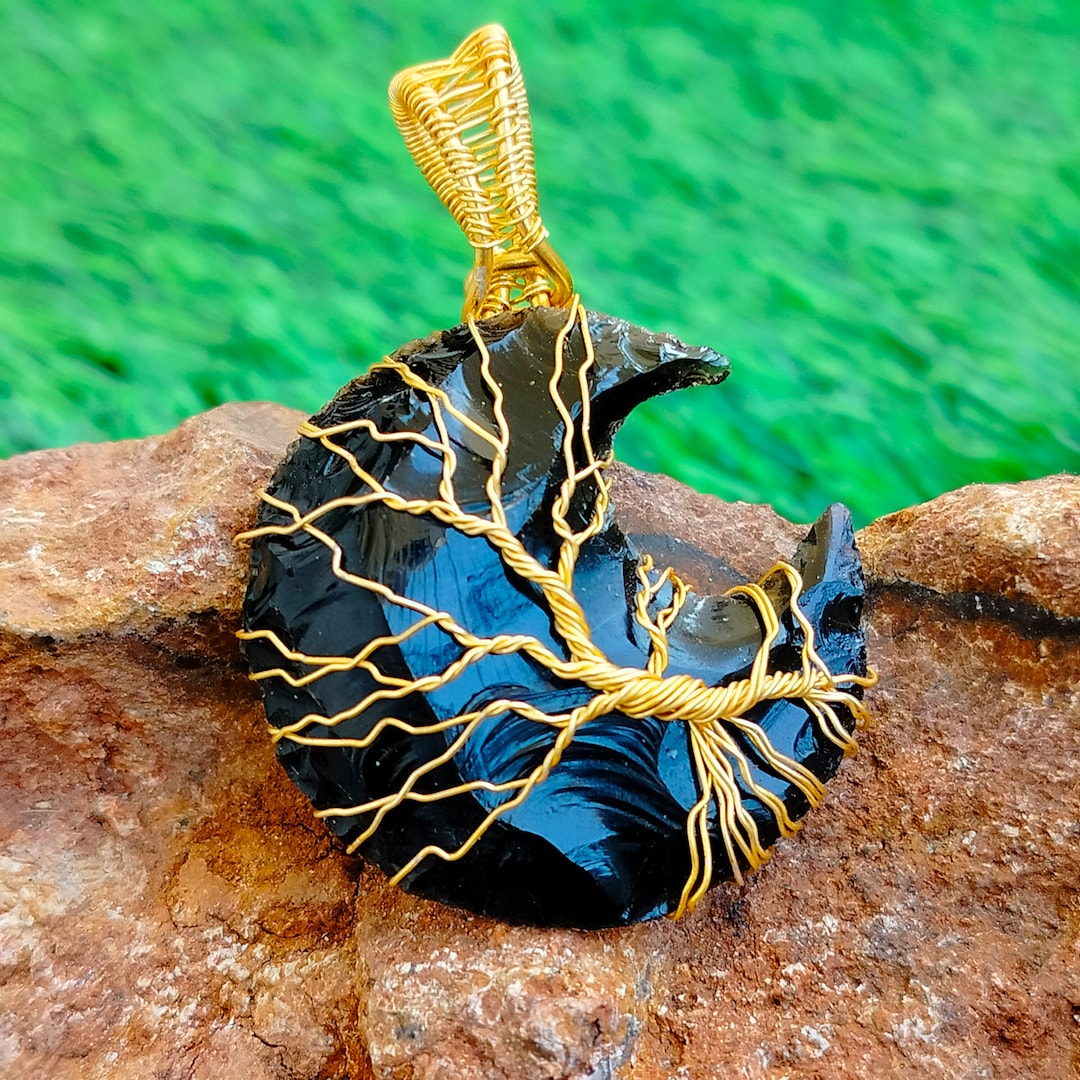Crescent Moon Pendant Obsidian Moon Wire Wrap Pendant Unique - Etsy
