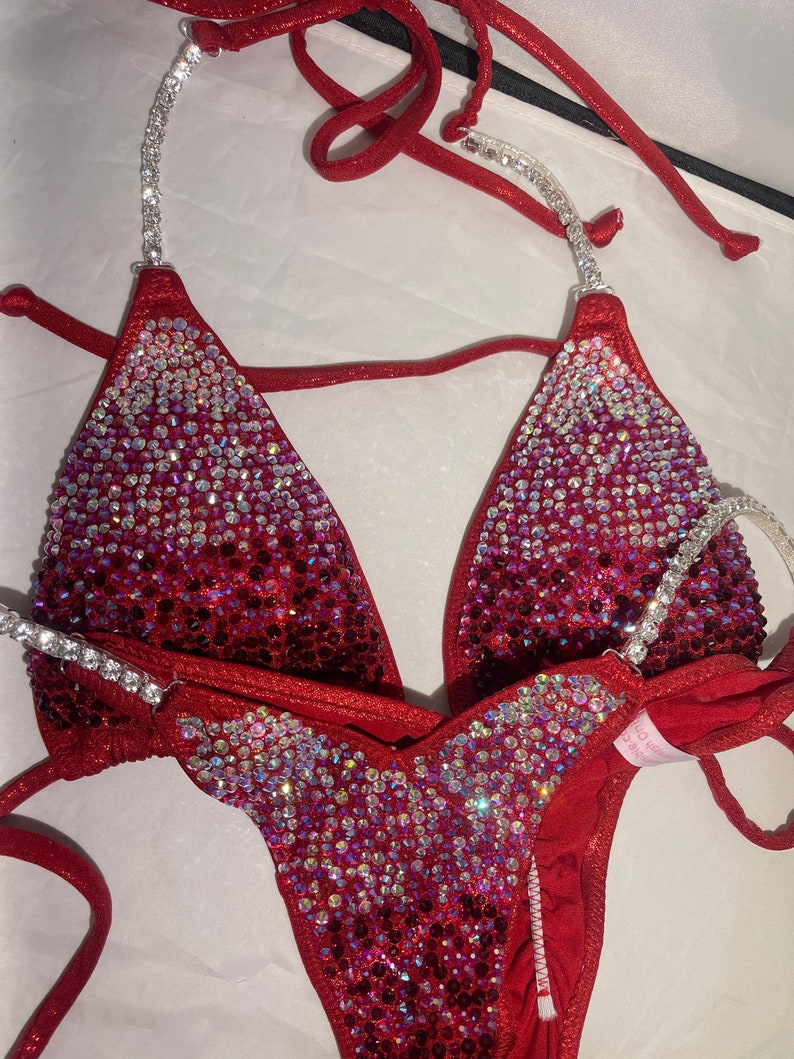 Red Competition Bikini Posing Suit Custom Made Rhinestone NPC IFBB ...