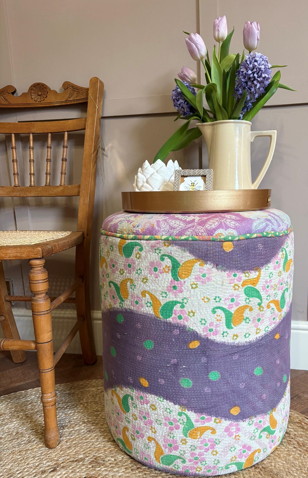 Dressing Table Pouffe Upholstered in One-of-a-kind Vintage Kantha Quilt ...