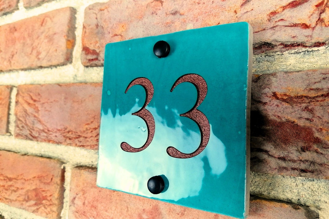Engraved Turquoise Ceramic Wall Tile Address Sign Irish Handmade Square ...