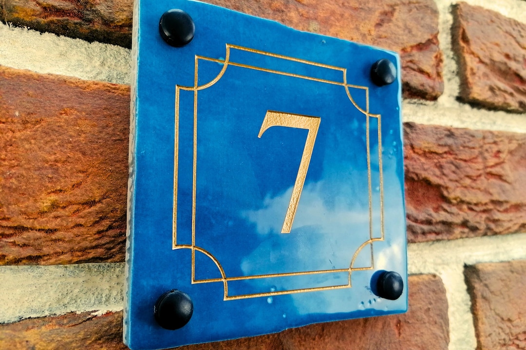 Engraved Blue Ceramic Wall Tile Address Sign Irish Handmade Square Door ...