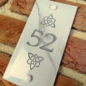 Engraved White Marble Effect Ceramic Wall Tile | Address Sign 100mm X ...
