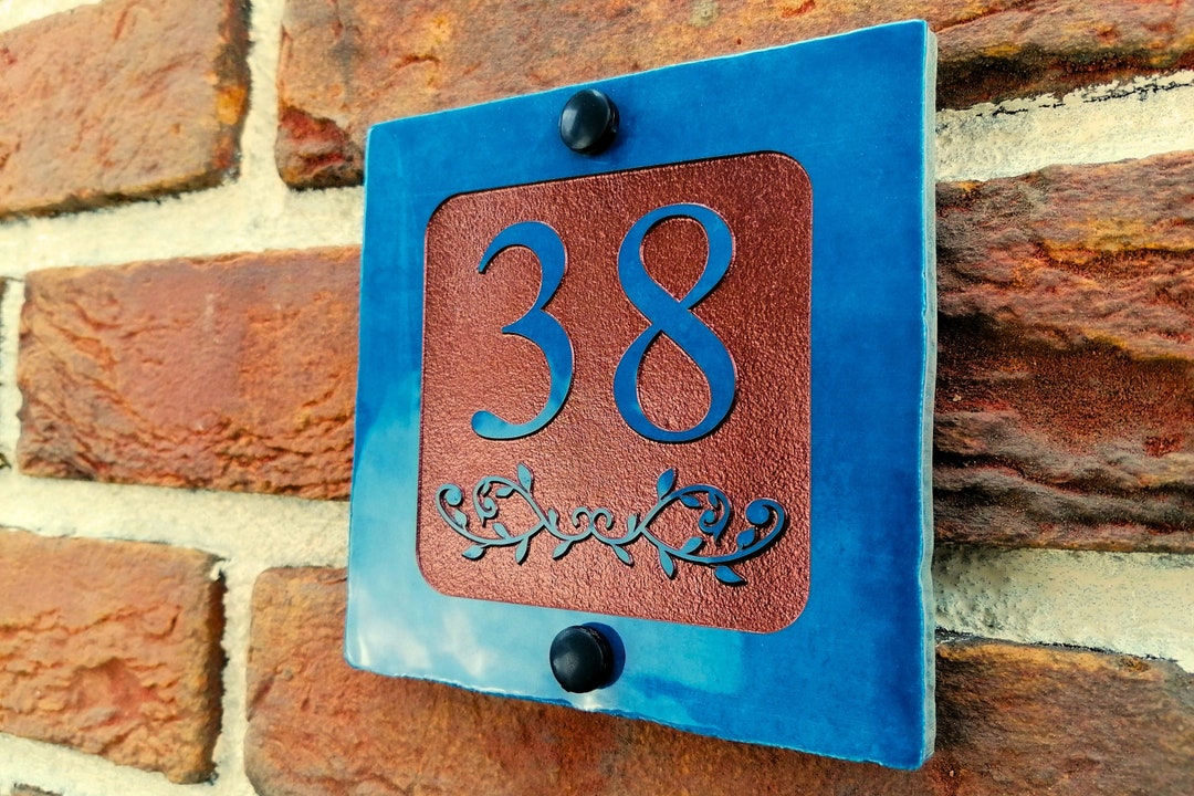 Engraved Blue Ceramic Wall Tile Address Sign Irish Handmade Square Door ...