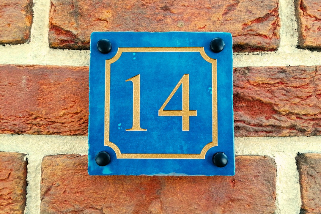 Engraved Blue Ceramic Wall Tile Address Sign Irish Handmade Square Door ...