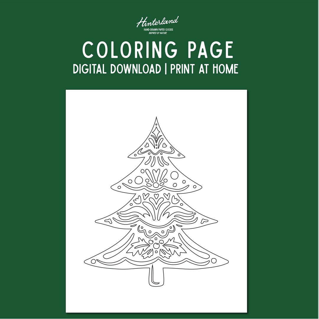 Holiday Tree Coloring Page - Hand-drawn Print at Home Coloring - Nature ...