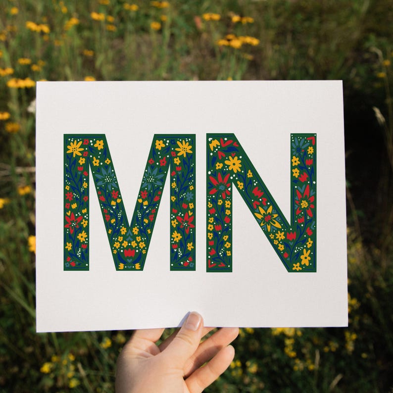 MN Floral Letters Art Print: Minnesota Wall Decor (8.5x11) - Etsy