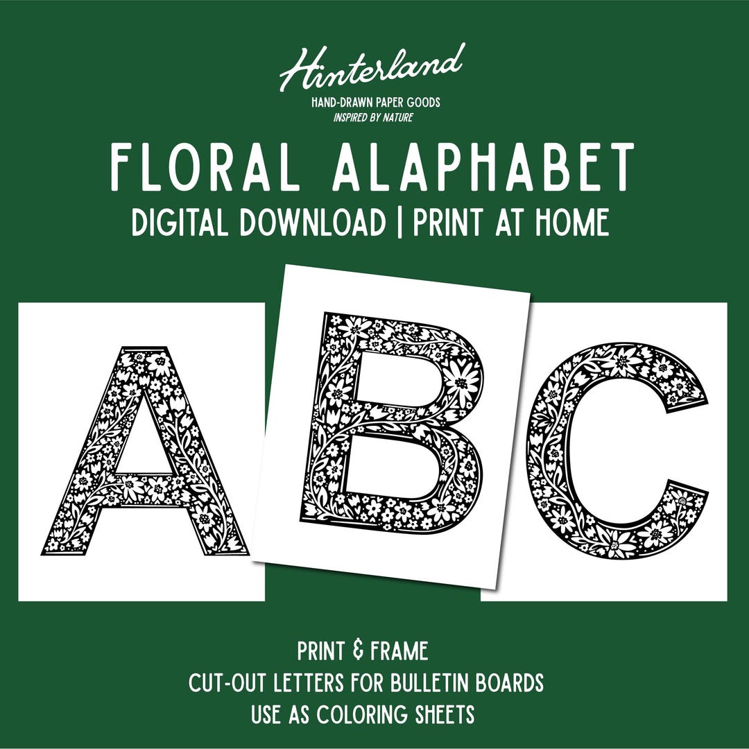 Floral Alphabet Digital Download- High Contrast Letters - Black and ...