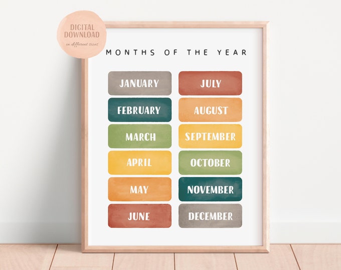 Rainbow Months of the Year Poster, Playroom Educational Poster, Rainbow ...
