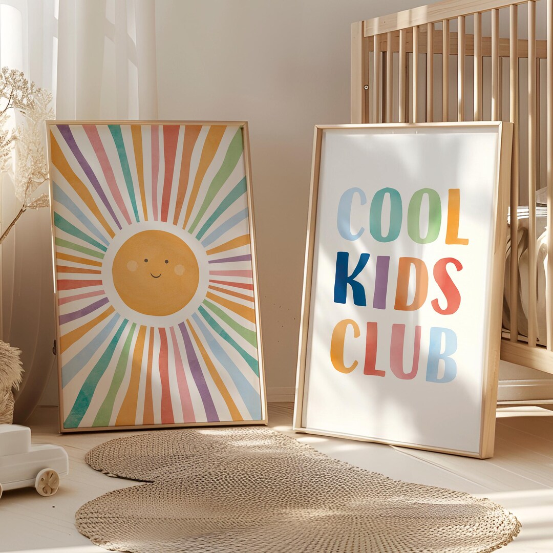 Set of 2 Rainbow Playroom Posters, Watercolor Sun Poster, Cool Kids ...