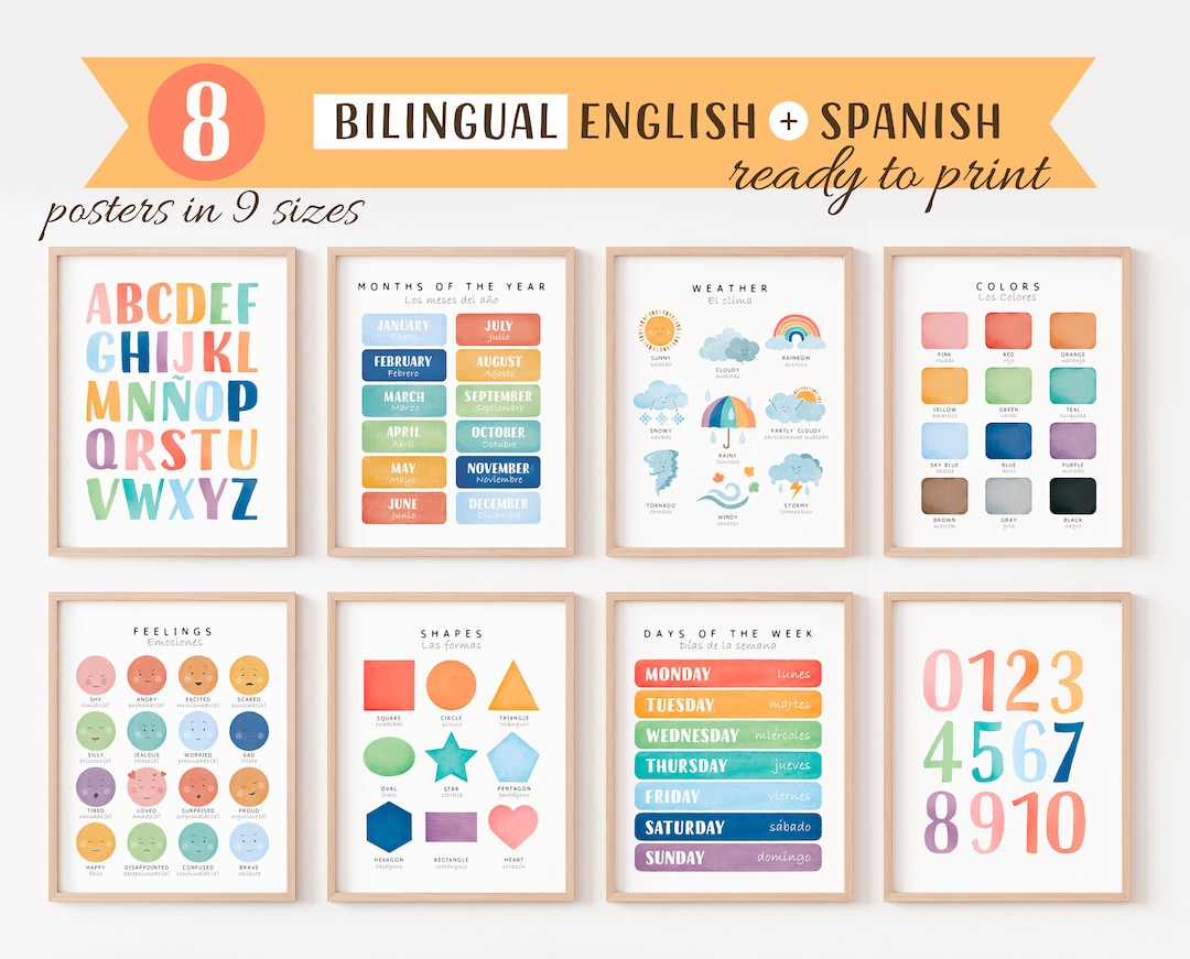 8 Bilingual Spanish Educational Posters, Spanish Learning Postes, Set ...