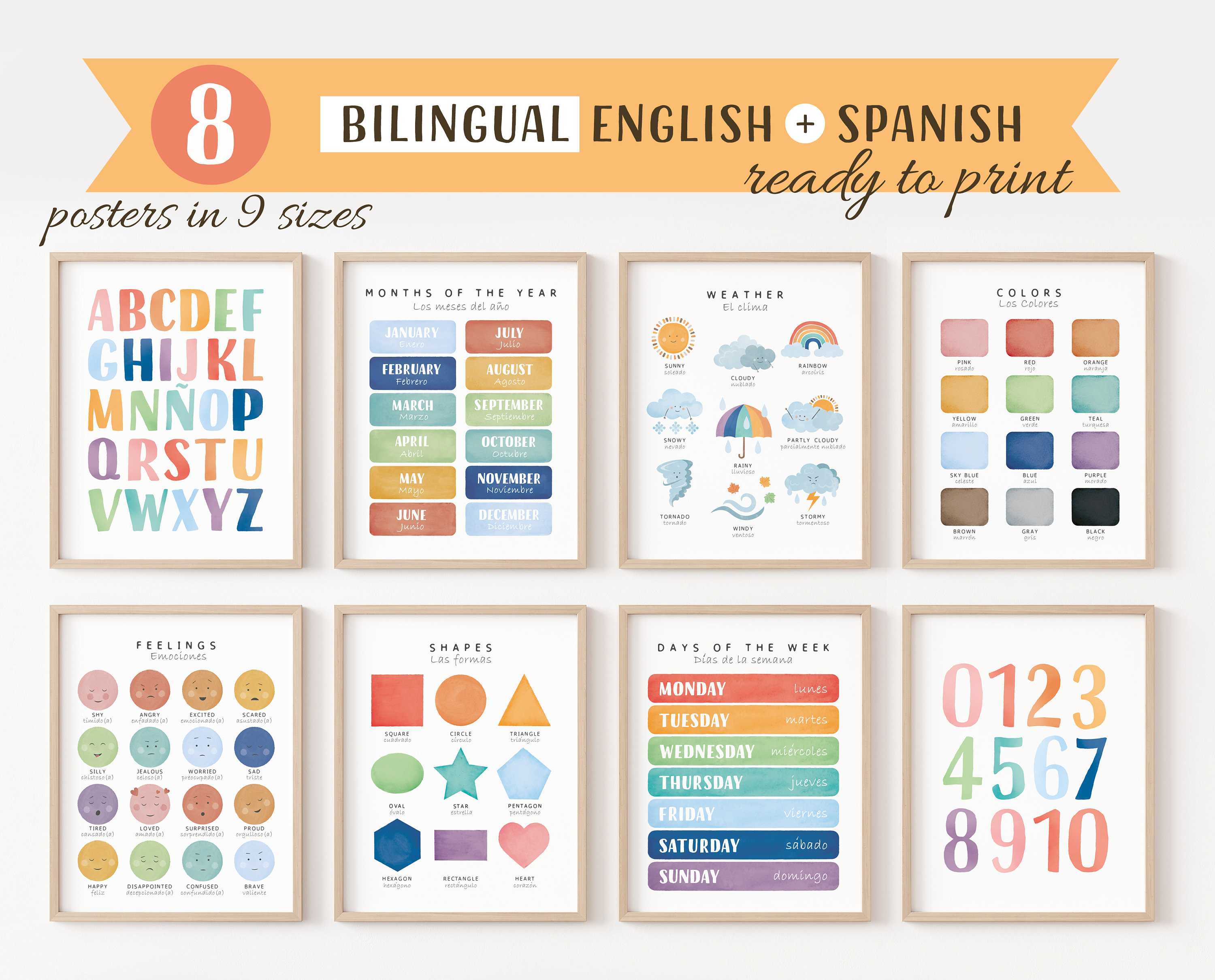 8 Bilingual Spanish Educational Posters, Spanish Learning Postes, Set ...